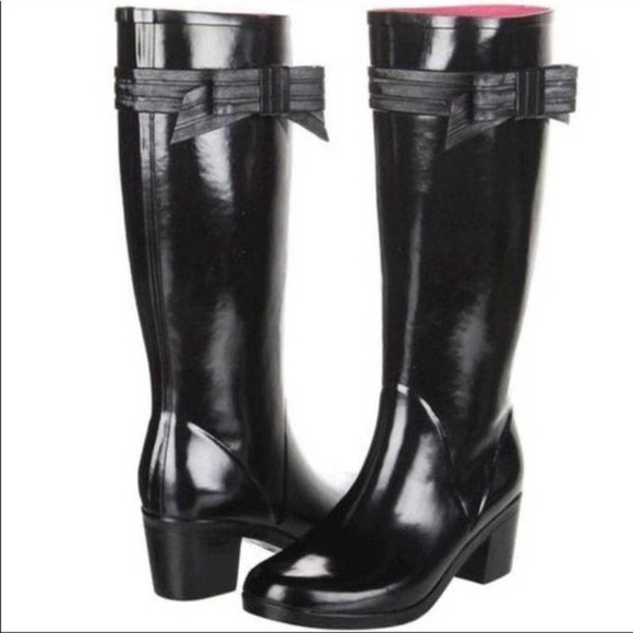 kate spade | Shoes | Kate Spade Black Pink Tall Rubber Boots Bow Detail ...